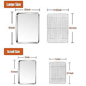 P&P CHEF Baking Sheet and Rack Set, 4 PACK (2 Sheets + 2 Racks), 2 Sizes Stainless Steel Baking Pans Cookie Sheets with Cooling Racks for Cooking & Roasting, Oven & Dishwasher Safe, Non-toxic