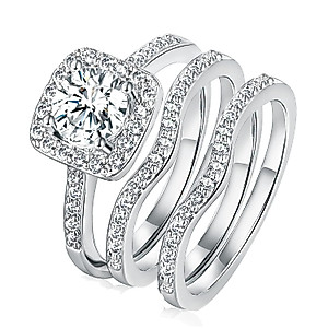 Gemsme 18K White Gold Plated Three-in-One Wedding Engagement Eternity Rings Halo Cubic Zirconia Bridal Rings Set (7)