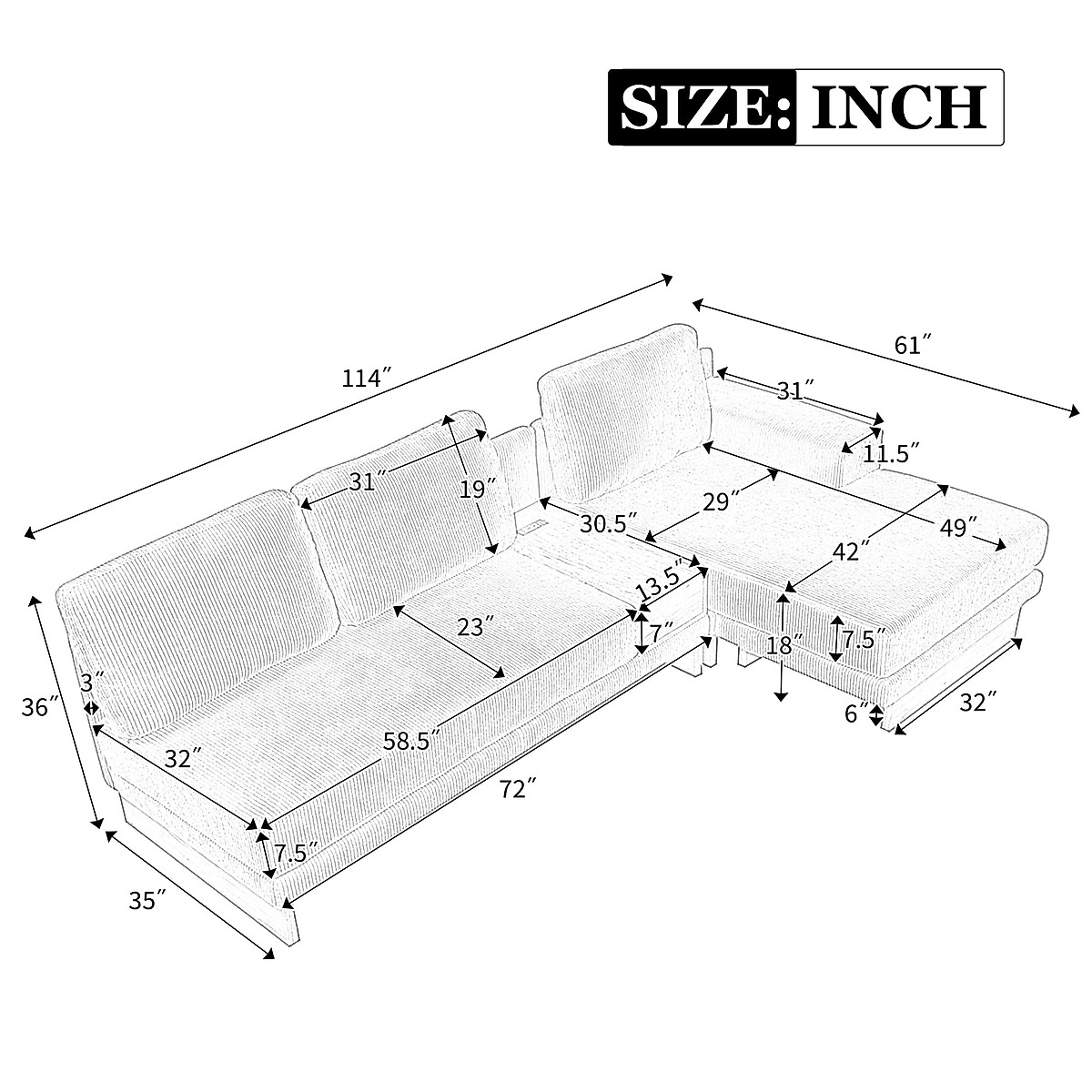 P PURLOVE L-Shaped Sectional Sofa with 2 USB Ports and 2 Power Sockets, Corduroy Couch with a Storage Drawer and a Reversible Chaise Lounge for Living Room (Beige)