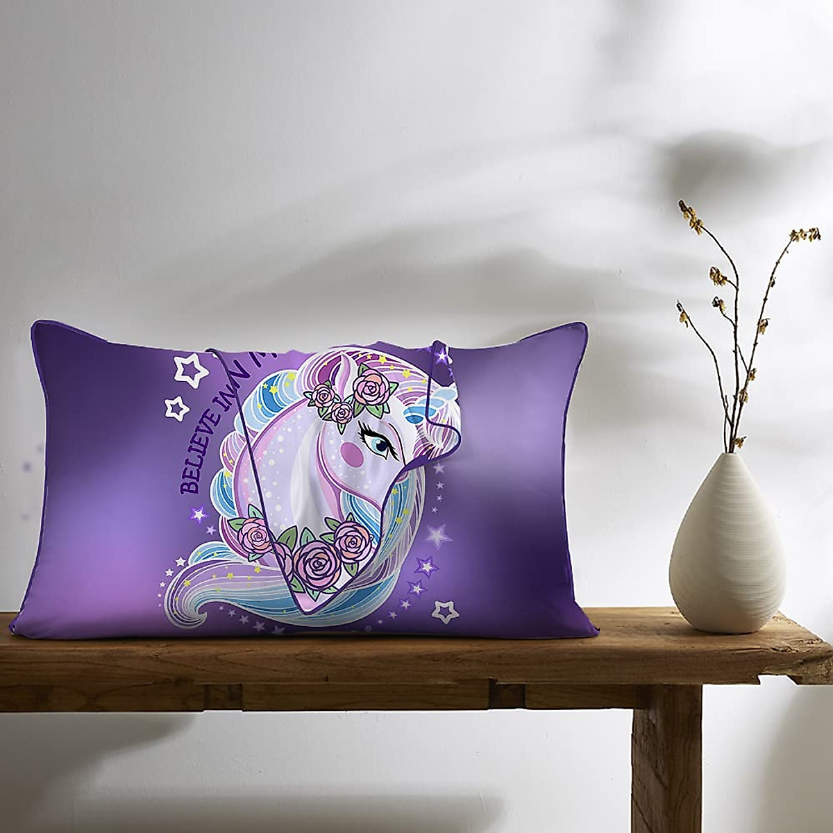 BlessLiving Satin Pillowcase for Hair and Skin Purple Unicorn Silk Pillow Shams with Envelope Closure Set of 2 Pack Slip Pillow Cases for Girls Women Gifts (Standard(20''x26''))