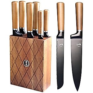 Knife Set, RITSU 7 Pieces Kitchen Knife Set with Block - Ultra Sharp Professional Chef Knife Set with Black Non-stick Coating Blade