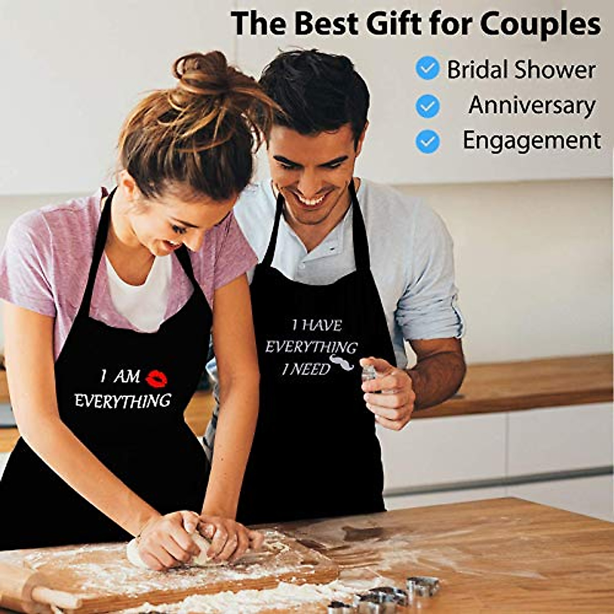 Apron Couples, YIKA Cooking Kitchen Aprons Set: Waterproof Apron for Women Men, with Adjustable Neck Strap with Extra Long Ties, 2 Pockets (Black)