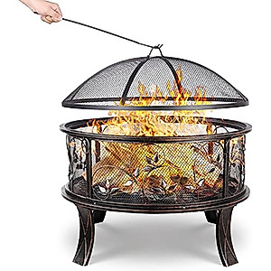 Portable Fire Bowl 27 Inch Fire Pit, Outside Fire Pit, Garden Fireplace with Spark Guard, Poker & Charcoal Grate, Fire Pits for Patio Camping Backyard Balcony, Elk Pattern