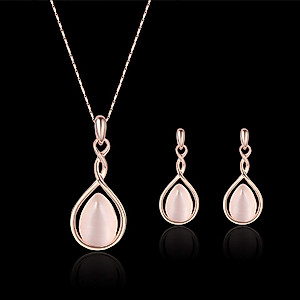 Rose Gold Jewelry Sets for Women Pink Teardrop Pendant Necklace and Earring Set Embellished with Opal Fashion Wedding Jewelry Gift for Brides and Bridesmaid