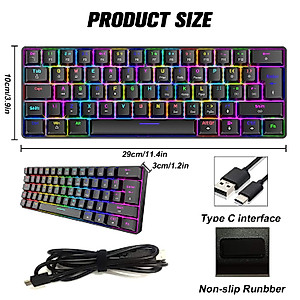 SELORSS Mini 60% Wired Mechanical Gaming Keyboard,22 RGB Chroma Backlit, Compact 62 Full Anti-ghosting Keys, USB C Cable,Replaceable Keycaps,Tactile Switch for Gamer/Typist/Xbox/PC/Win/Mac(Black)