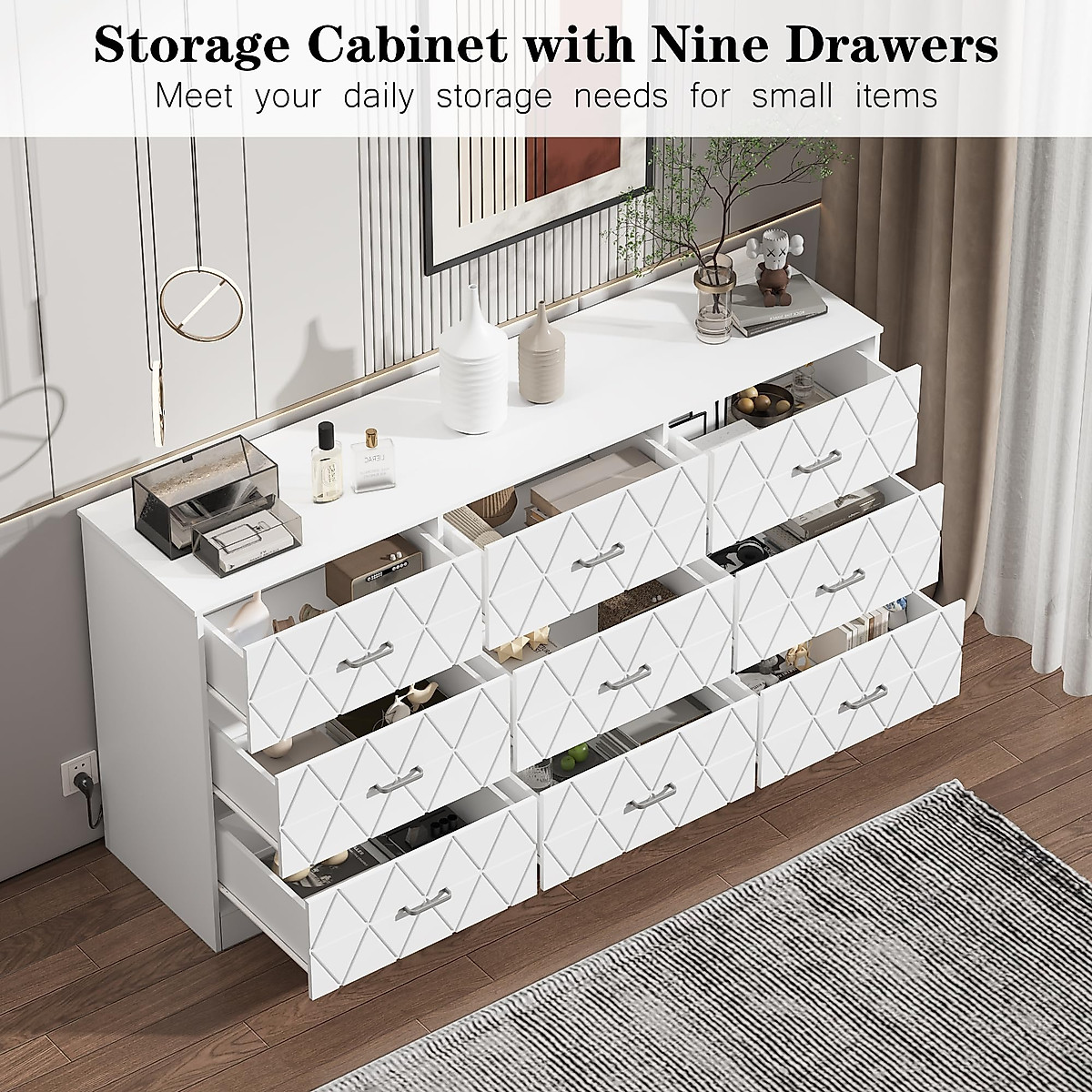 GarveeHome 9 Drawer White Dresser for Bedroom with Power Outlet, 63'' Wooden Large Dresser with Wide Drawer, Modern Chest of Drawers for Closet, Storage Organizer Long Dresser for Hallway, Living Room
