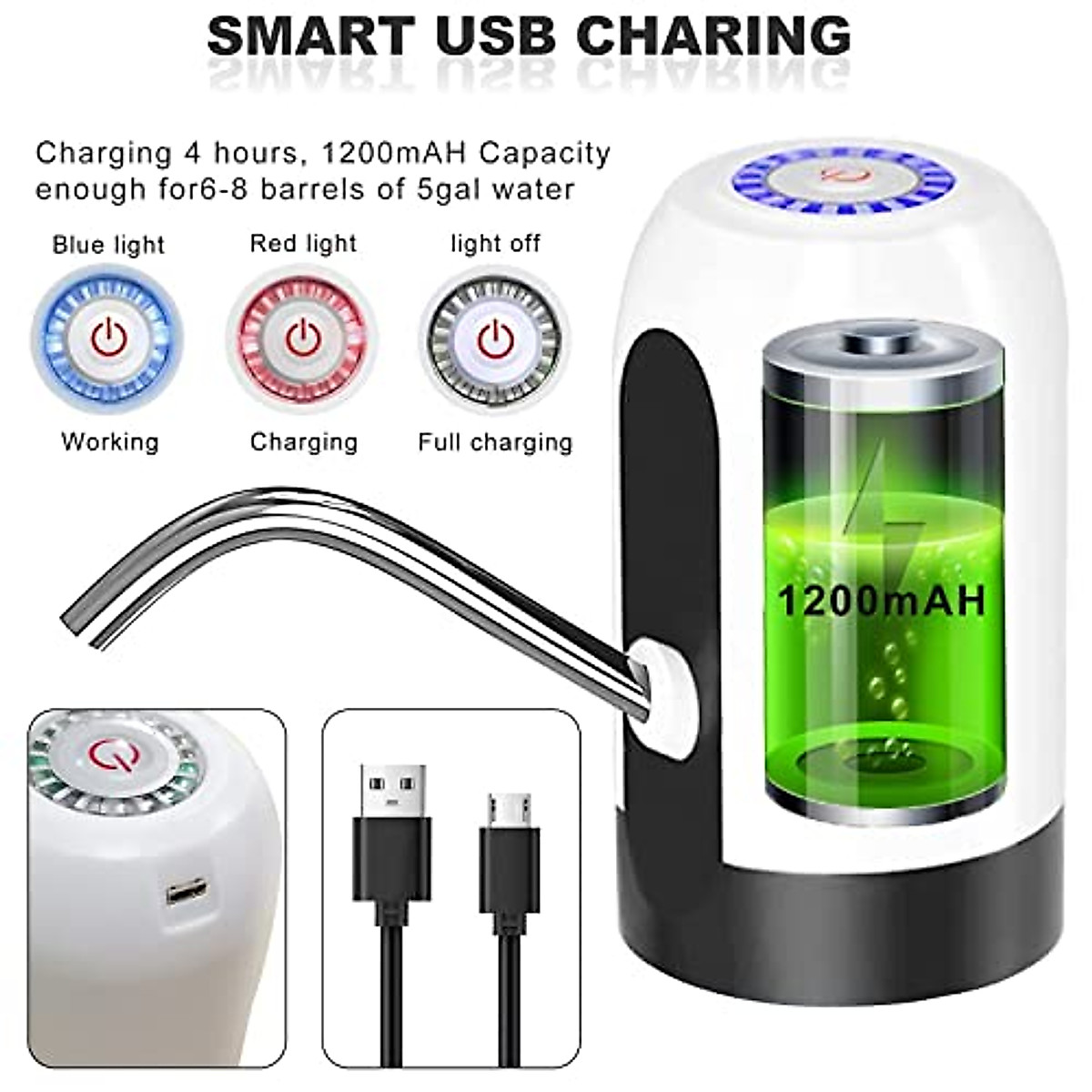 Water Bottle Pump 5 Gallon Electric Drinking Water Pump Portable Water Dispenser USB Charging Water Bottle Pump Water Bottle for Universal 2-5 Gallon Bottle