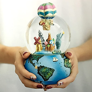 Snow Globe Valentine's Day with Music for Kids Boys Girls Women Adults Unique Gift 3D Hot Air Balloon Snowglobes Around The World Travel Rotating Christmas Music Box Decorations