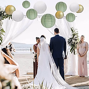 ANSOMO Sage Green White and Gold Paper Lanterns Party Decorations Chinese Japanese Hanging Decorative Birthday Baby Shower Bridal Wedding Greenery Neutral Home Décor 12 Pcs 12" 10" 8" 6"