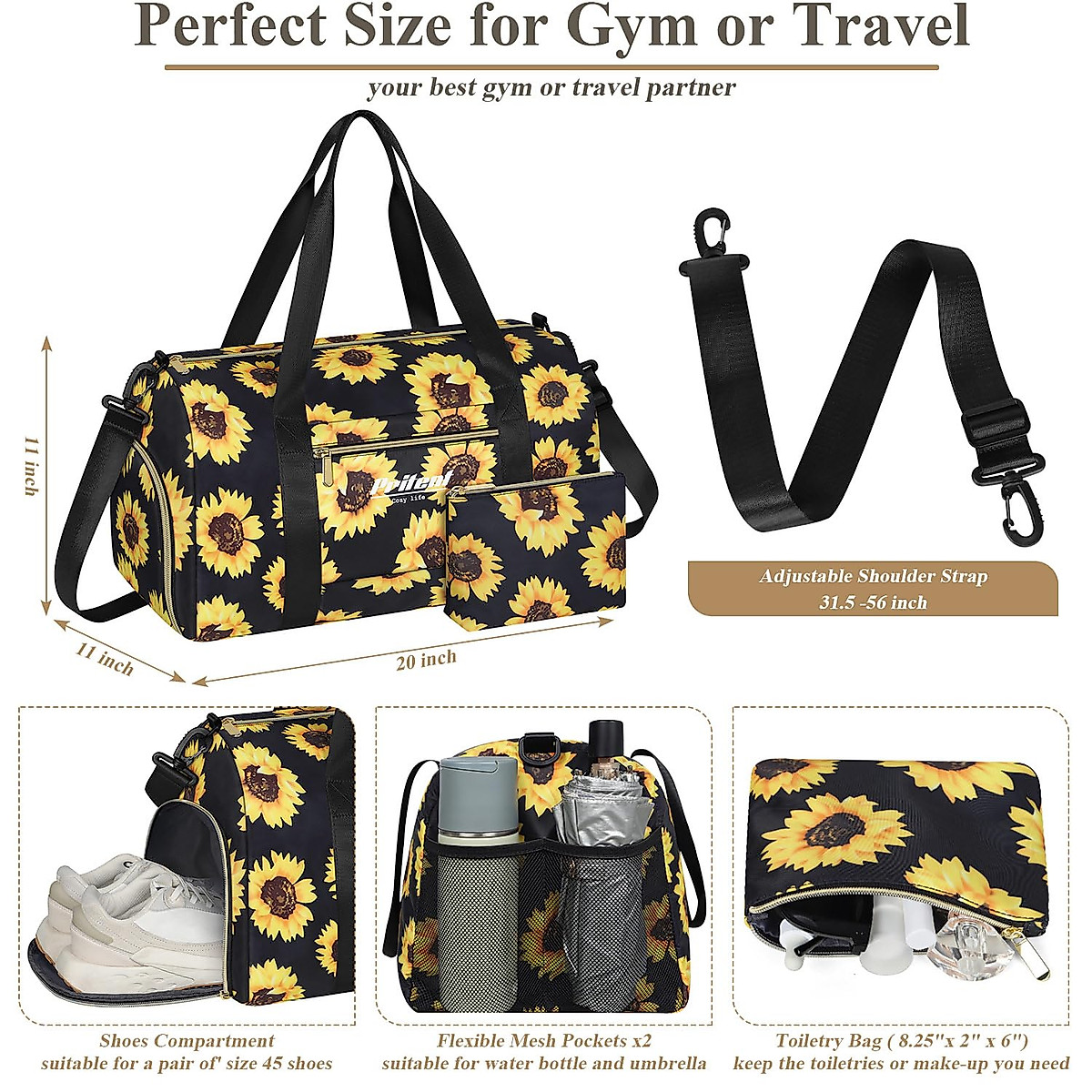 Pritent Gym Bag for Women with Shoe Compartment, Sport Gym Tote Bags Waterproof Travel Duffle Carry on Weekender Overnight Bag for Hospital Yoga Beach Maternity Mommy 20inch Sunflower