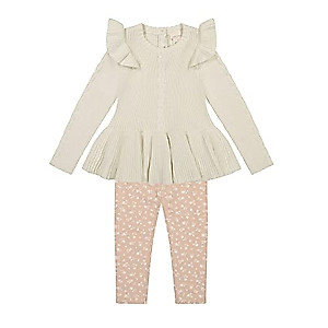 Laura Ashley Baby Girl Leggings & Knitted Long Sleeve Peplum Tunic Top, Cotton Knit & Floral Fall Outfit, Ivory/24 Months