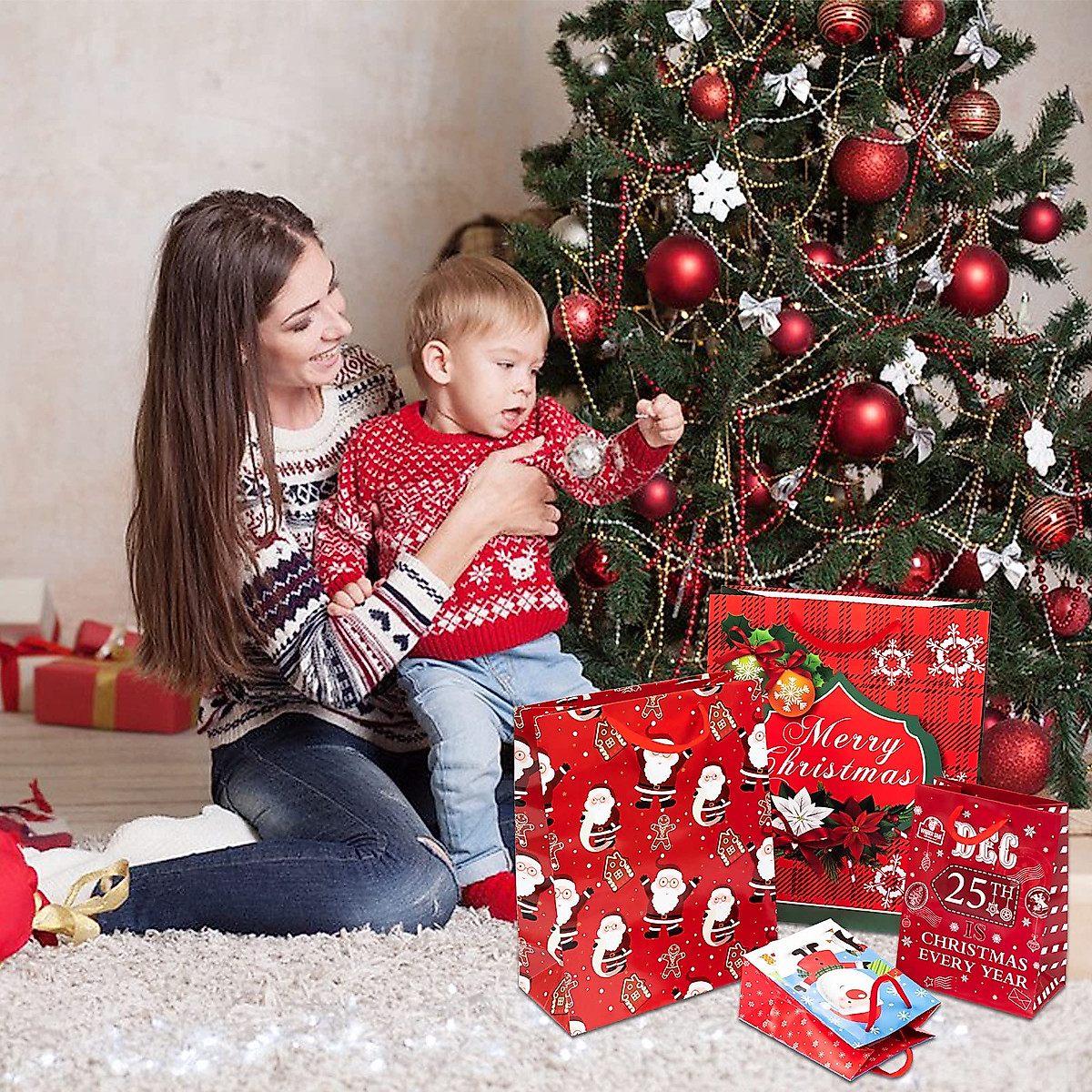 Novnsoi 24 PCS Christmas Bags Bulk Set for Wrapping Holiday Gifts, Recyclable Festival Bags with Snowman, Reindeer, Christmas Bell/Tree, Snowflake, Gin Design - 6 X-Large,6 Large,6 Medium,6 Small