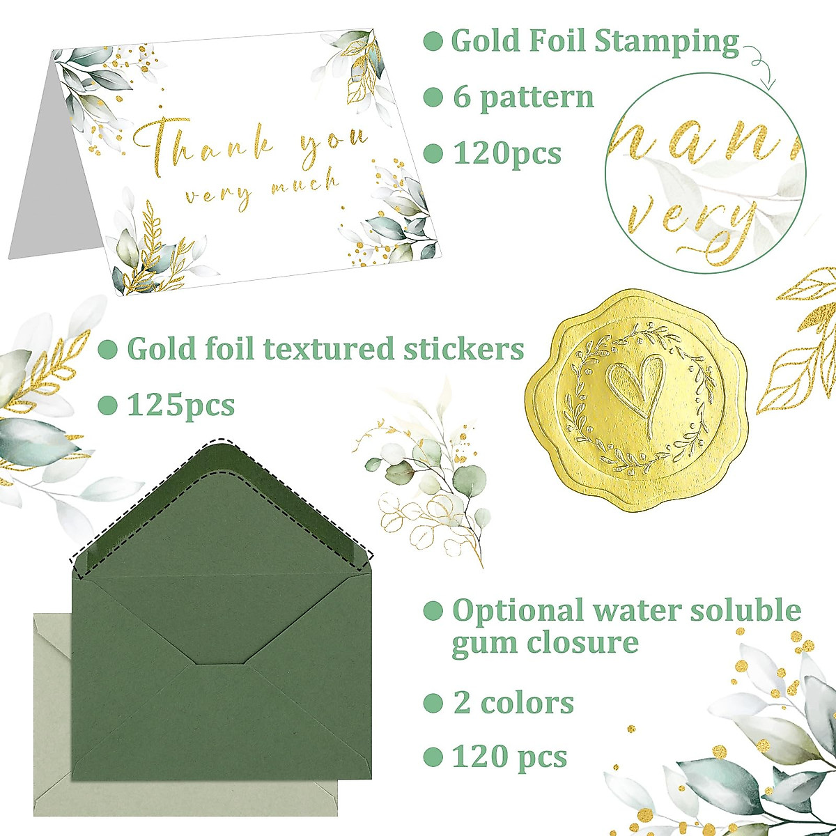 Qilery 120 Set Thank You Cards with Envelopes and Stickers for Wedding 5 x 3.5 Inch Sage Green Gold Foil Blank Thank You Notes Greeting Cards for Bridal Shower, Birthday, Graduation