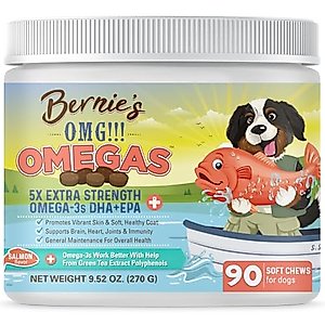 Bernie’s OMG!!! Omegas 5X Extra Strength Omega-3s DHA+EPA, Chews with Fish Oil for Dogs, Ultimate Skin & Coat, Works as Dog Allergy Chews, Dog Calming Chews, Joint Supplement. (Salmon)