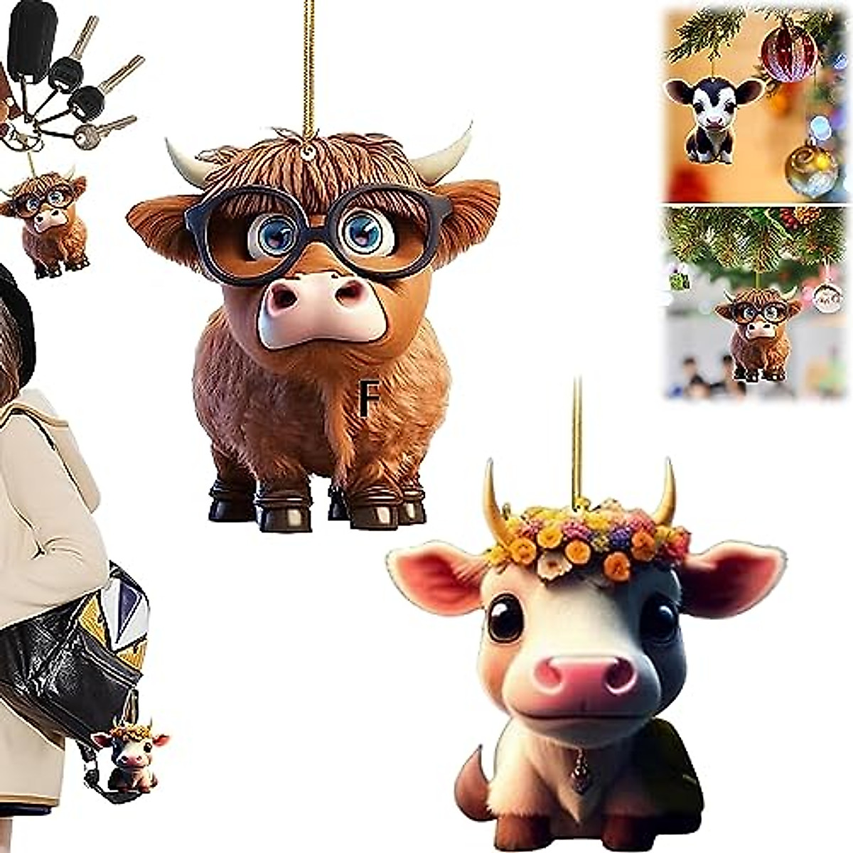 2Pcs Cute Cartoon Cow Car Pendant Home Tree Decoration, Christmas Tree Ornament, Home Decor,Highland Cow Pendants Christmas Tree Decorations
