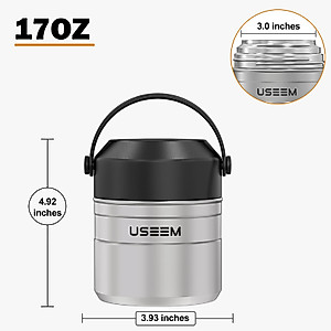 USEEM 17 Ounce Vacuum Insulated Food Jar, 316L Stainless Steel Leak Proof Soup Thermal, Cold Hot Food Container with Folding Spoon, Bowl Lid and Silicone Handle for Kids, Adults(Silver Grey)