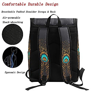 Naanle Stylish Beautiful Peacock Feather Gold Sparkling Pattern Casual Daypack College Students Multipurpose Backpack Large Travel Hiking Bags Computer Bag for Men Women