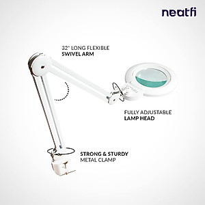 Neatfi XL Bifocal LED Magnifying Lamp, 7-Inch Acrylic Lens, 5D/20D Magnification, Hands-Free, Dimmable, 84 SMD LED, Adjustable Arm for Crafts, Reading, Close Work (with Clamp, White)
