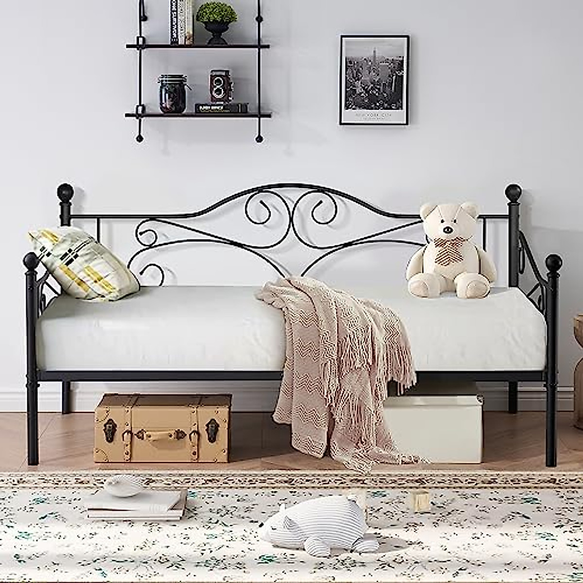 VECELO Daybed, Metal Twin Bed Frame with Headboard, Heavy Duty Steel Slats Support for Living Room Bedroom Guest Room, Easy Assembly