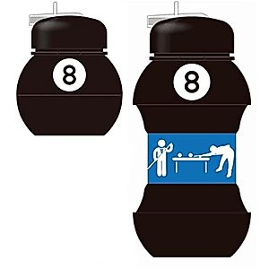 8 Ball Water Bottle - Collapsible Silicone Durable Handheld H2O Wide Mouth Black Sports Billiards Ball Container holds 19oz