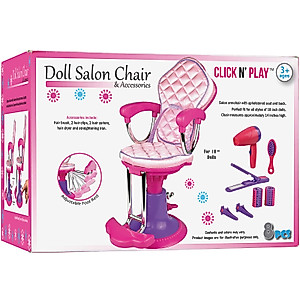 Pretend Play Hair Salon Toy for Girls, Click N' Play Doll Salon Chair with 8 Doll Accessories - Hair Salon Toys for Girls: Chair, Hair Brush, 2 Hair Clips, 2 Curlers, Girl Gift Ages 3+, Pink & Purple
