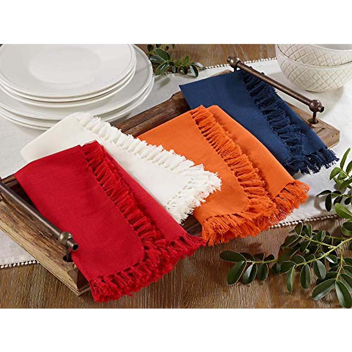 SARO LIFESTYLE 1234 Lizette Collection Fringed Design Festive Dinner Napkins (Set of 4), Off White, 20" Square, 4 Pieces