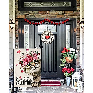 Valentines Cat Garden Flag 12x18 Vertical Double Sided Red Pink Rose Love Heart Spring Farmhouse Holiday Outside Decorations Burlap Yard Flag BW237
