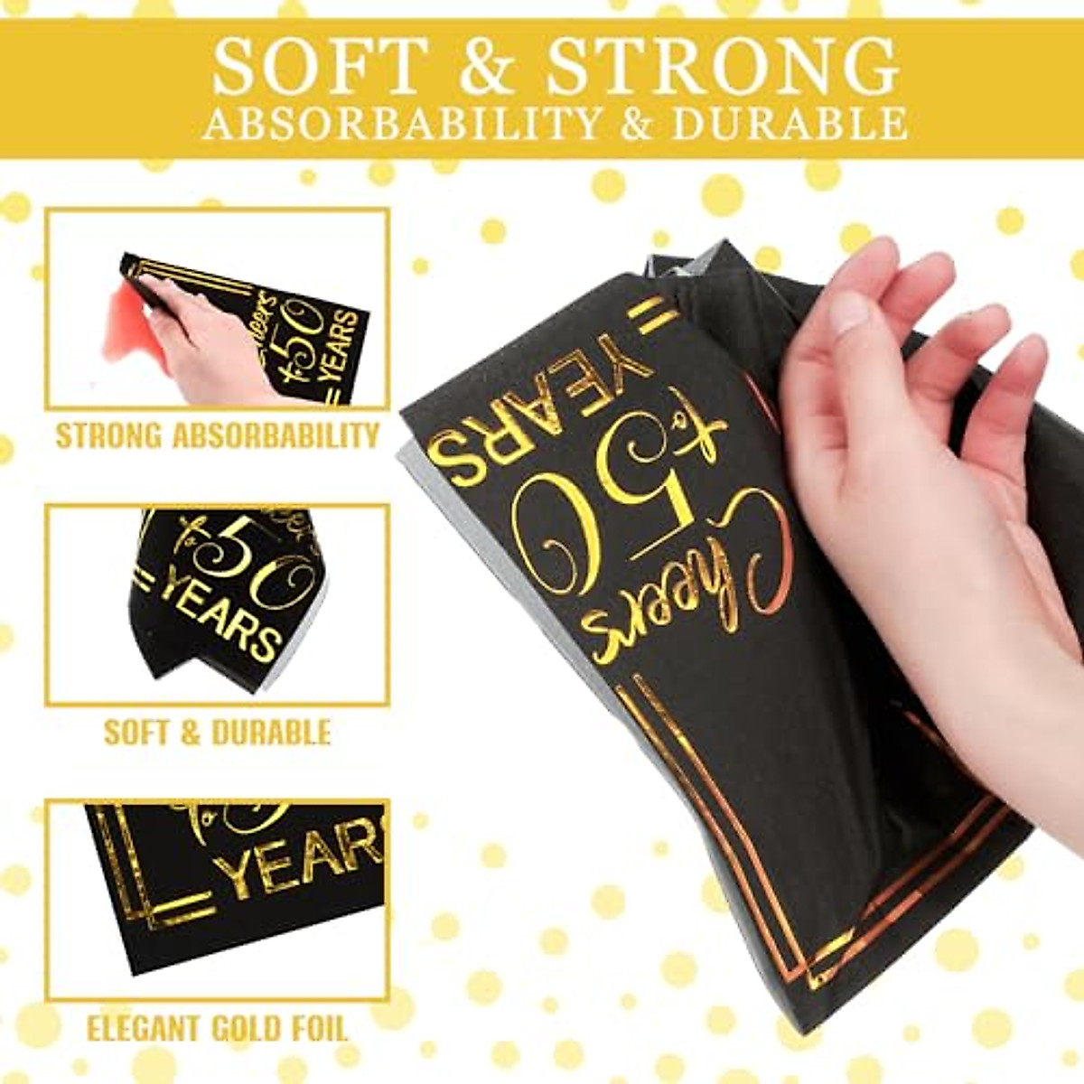 Geyoga 200 Pcs Anniversary Cocktail Napkins Guest Napkins Birthday Decoration Gold Foil Black Napkin Men Women Disposable Paper Napkins Pack for Wedding Party Supplies (50th Birthday)