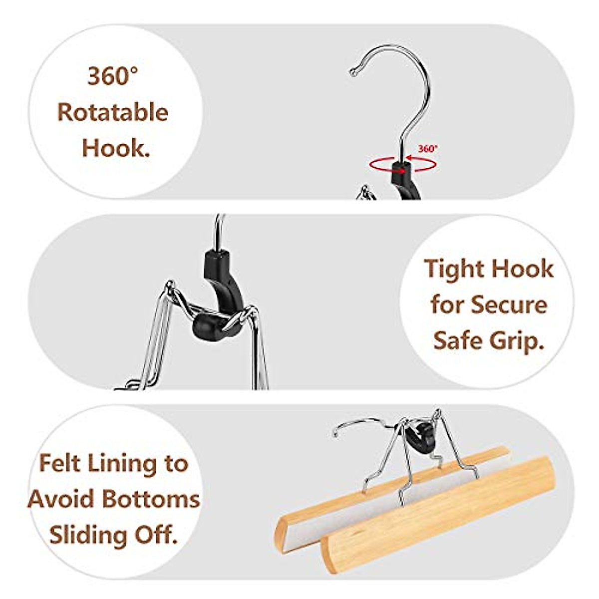 AMKUFO 12 Pack Natural Wooden Pants Hangers with Clips Non Slip Skirt Hangers Trouser Clamp Hanger Solid Wood Hanger with 360° Swivel Hook