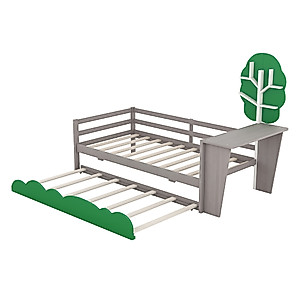 Lifeand Twin Size Wooden Daybed with Desk, Green Tree Shape Shelves and Trundle, Gray