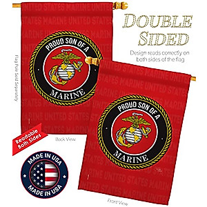 Breeze Decor Proud Son House Flag Pack Armed Forces Marine Corps USMC Semper Fi United State American Military Veteran Retire Official Applique Banner Small Garden Yard Gift Double-Sided, Made in USA
