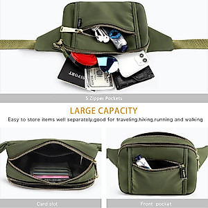 ZORFIN Fanny Packs for Women Men, Fashion Waist Pack Belt Bag with 5 Zipper Pockets Adjustable Belt, Casual Hip Bum Bag for Travel Shopping Hiking Cycling Running (Green)