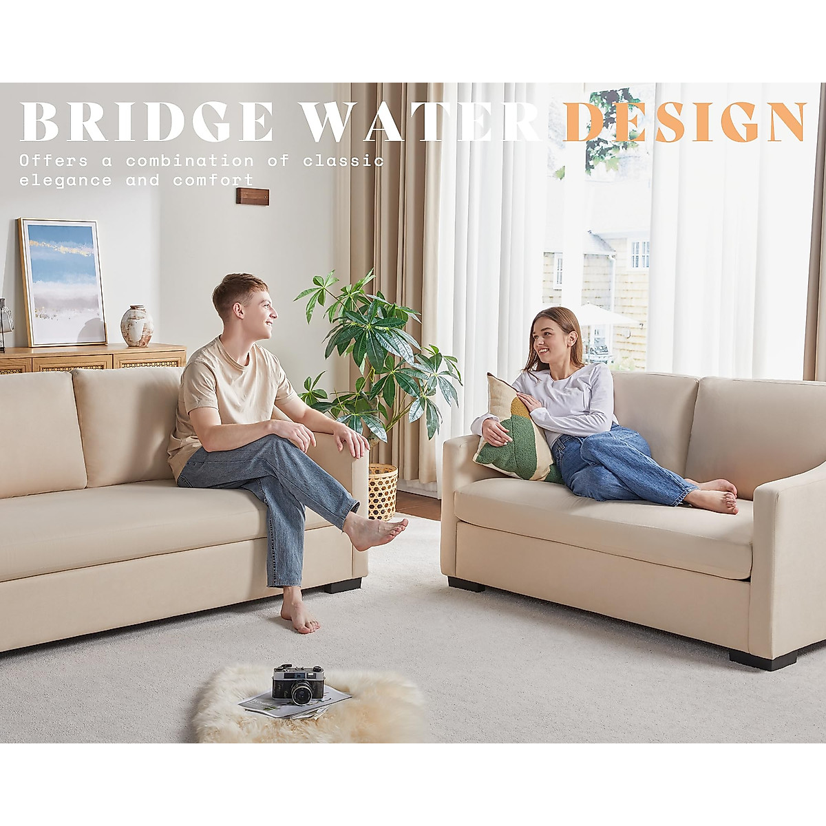 AMERLIFE Modern Sofa,Comfy Sofa Ottoman with Slope Armrests, Comfy Sofa Couch for Living Room, Apartment, Lounge Room (Beige)