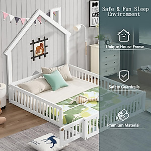 MAKIAAP Full Size Montessori Floor Bed Frame with 12 Inches Height Safety Guardrails and Door,Platform Bed Frame with House-Shaped Headboard for Girls, Boys, Wooden Slat Support, White