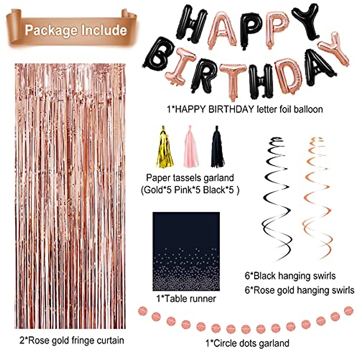 Black Rose Gold Birthday Decorations for Women Girl, Happy Birthday Party Decorations Supplies with Happy Birthday Banner, Table Runner for 1st 16th 21st 30th 40th 50th Girls Supplies