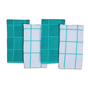 AMOUR INFINI Kitchen Towels Pack of 4 Absorbent, Quick Drying Premium Terry Cotton Dish Towel with Hanging Loop 16x28 Inch Hand & Tea Towels (Teal)