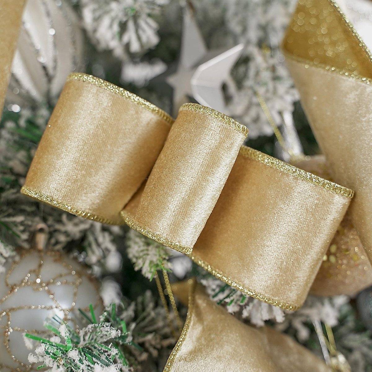 HUIHUANG Champagne Velvet Wired Ribbon 2-1/2" Champagne Gold Christmas Ribbon with Glitter Gold Backing, for Christmas Tree, Tree Top Bows, Wreaths, Graland, Home Decor, Crafts-10 Yards