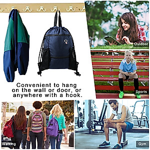 BeeGreen Navy Blue Drawstring Backpack Bag Cinch Sack Backpack with Zipper Pockets and Mesh Water Bottle Holders Beach Backpack Large 18" L x 15" W Gym Sprots Swim Bag