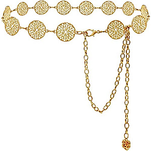 Glamorstar Chain Belts for Women Hollow Metal Waist Chain Belts Dress Belt for Her Circle Gold 130CM