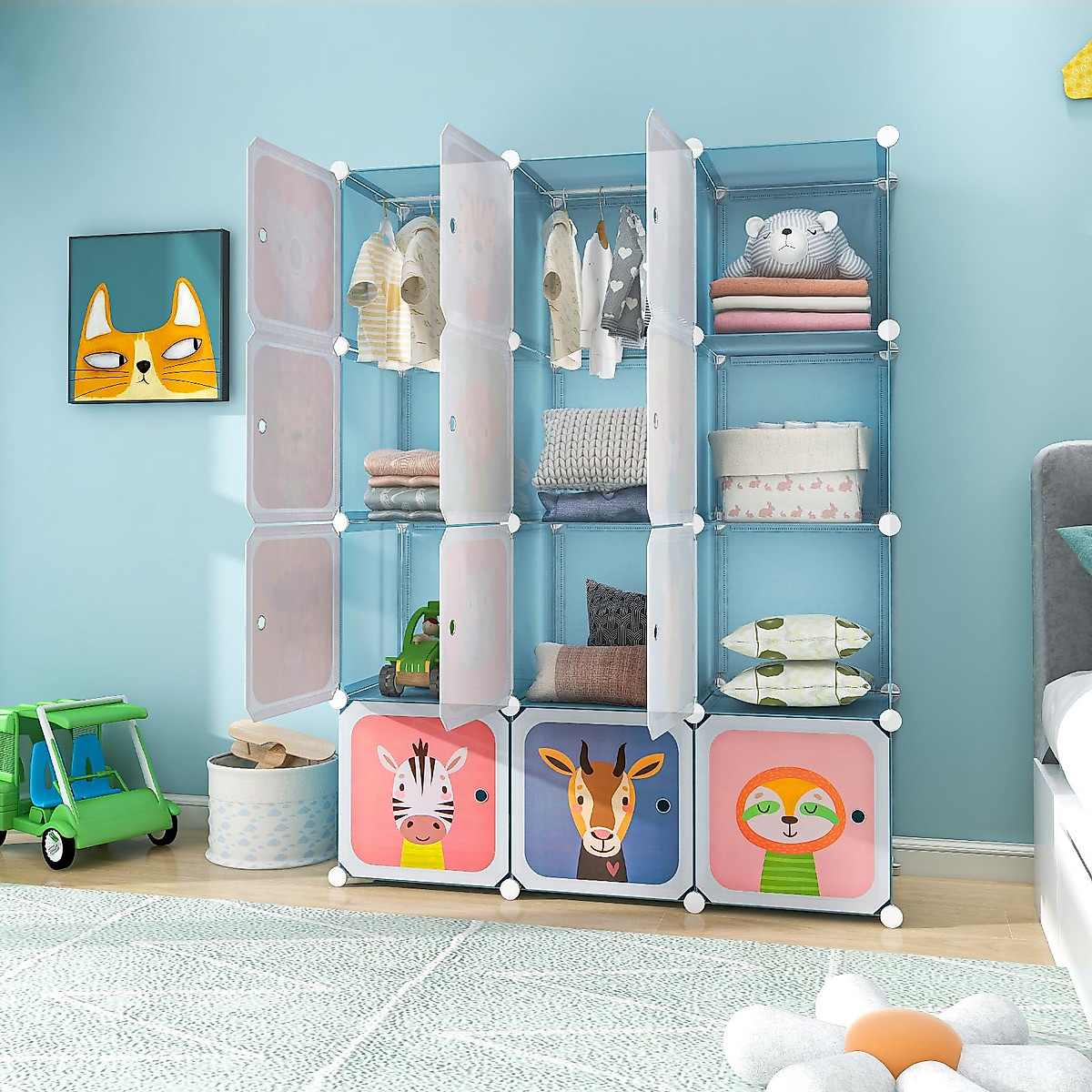 Costzon Kids Closet, Cartoon DIY Modular Dresser Storage Organizer with 12 Cubes & 2 Clothes Hanging Rack, Portable Armoire for Baby Toddlers, Kids Wardrobe for Bedroom Nursery (Blue)