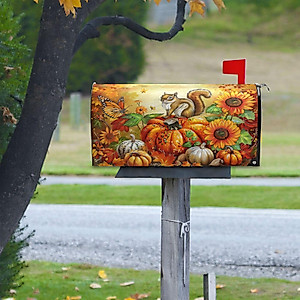 Wamika Autumn Pumpkin Sunflower Magnetic Mailbox Cover MailWraps,Fall Leaf Squirrel Harvest Mailbox Wraps Post Box Garden Yard Home Decor for Outside Standard Size 20.8(L) x 18(W)