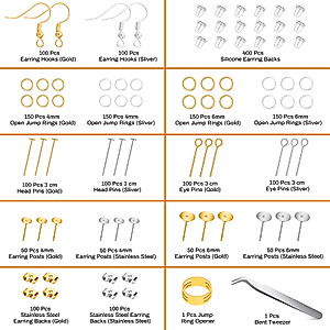 Modacraft 2000Pcs Earring Making Supplies Kit - Hypoallergenic, Includes Hooks, Findings, Posts, Backs, Pins, Jump Rings for Jewelry Making