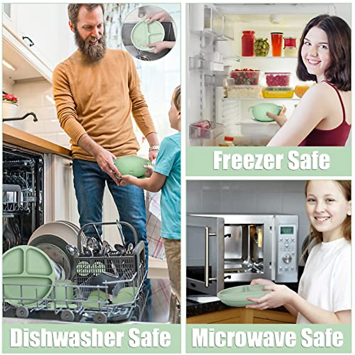 LOKEISNA Silicone Baby Feeding Set 6+ Months, Baby Led Weaning Feeding Supplies, Strong Suction Bowl & Suction Plate, Adjustable Bibs, 4-in-1 Cup, Silicone Spoon & Fork, Food-grade Silicone (Green)