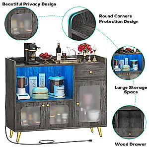 Cyclysio Sideboard Buffet Cabinet with Power Outlet, Kitchen Cabinet with LED Lights, Large Bar Cart Accent Buffet Cabinet with Door for Bedroom, Living Room, Kitchen, Hallway, Grey