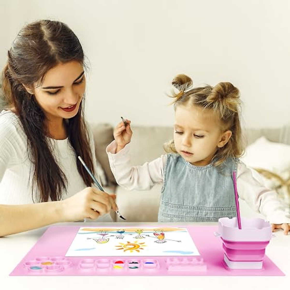 Silicone Mat for Painting 20"x16", Silicone Craft Mat Set with Magnetic Pop-Up Water Cup, Brush, Bag, 12 Color Dividers, Best Gift Chrismad for Family, Pink