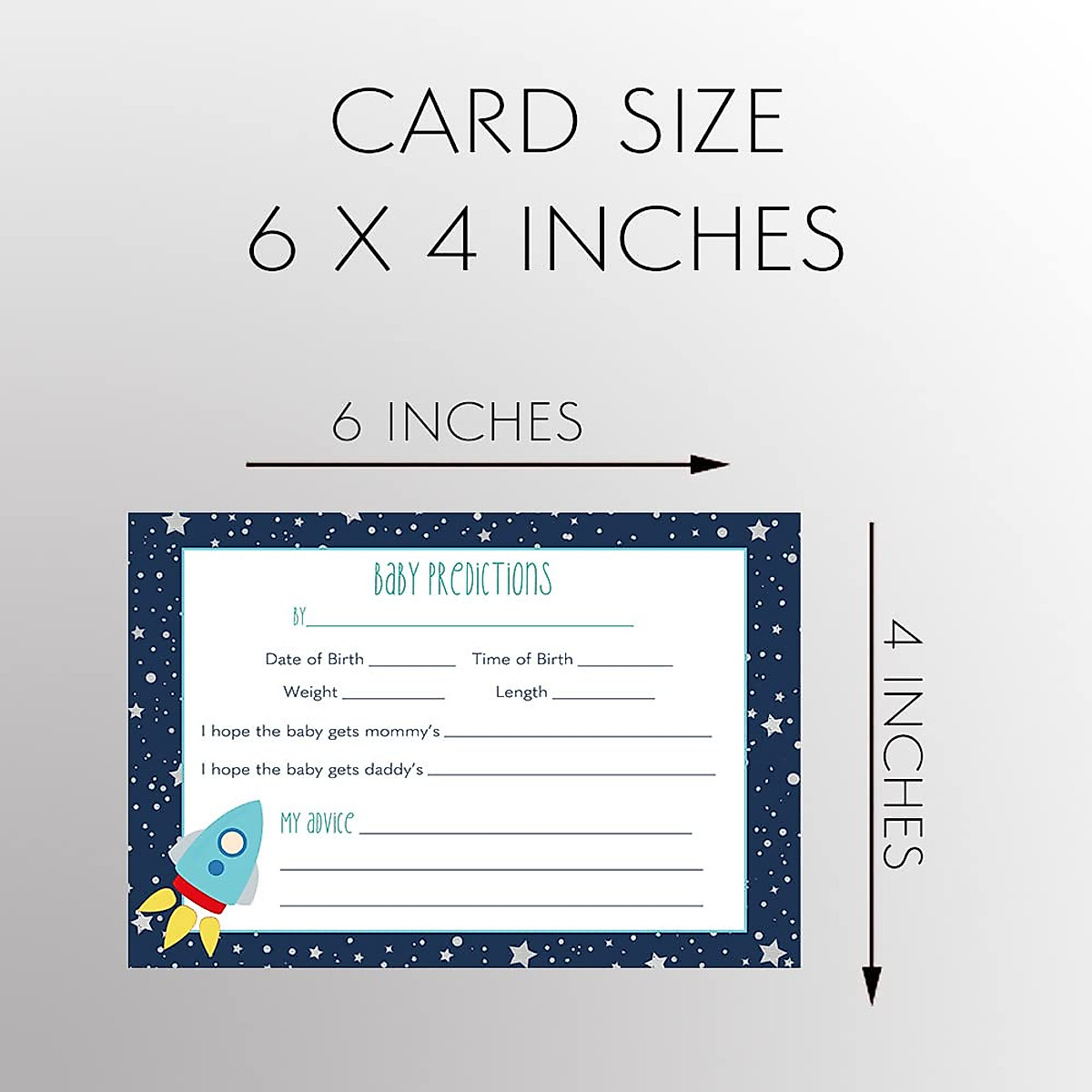 Space Baby Shower Predictions About New Baby Cards Rocket Ship Outer Space Sprinkle Wishes Hopes Dreams Ship Stars Moon Countdown 321 to Baby Spaceship Stripe Aqua Navy Blue Boys It's A Boy (24 Count)