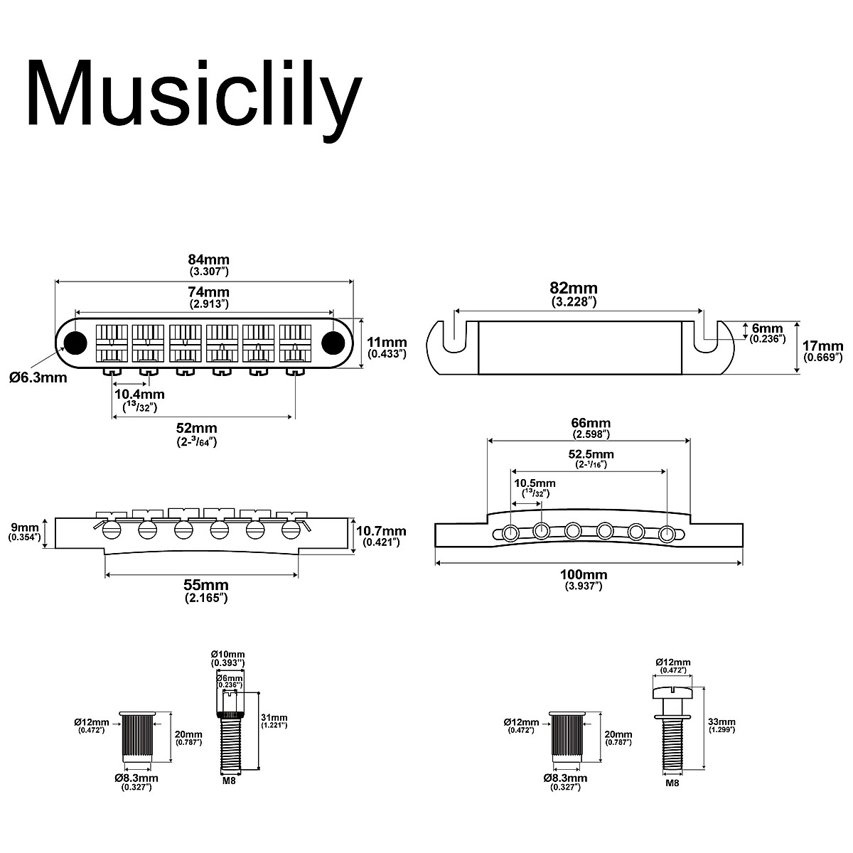Musiclily Guitar Tune-O-Matic Bridge and Stop Bar Tailpiece with Anchors and Studs Set for Epiphone Les Paul LP SG Style 6 String Electric Guitar,Chrome