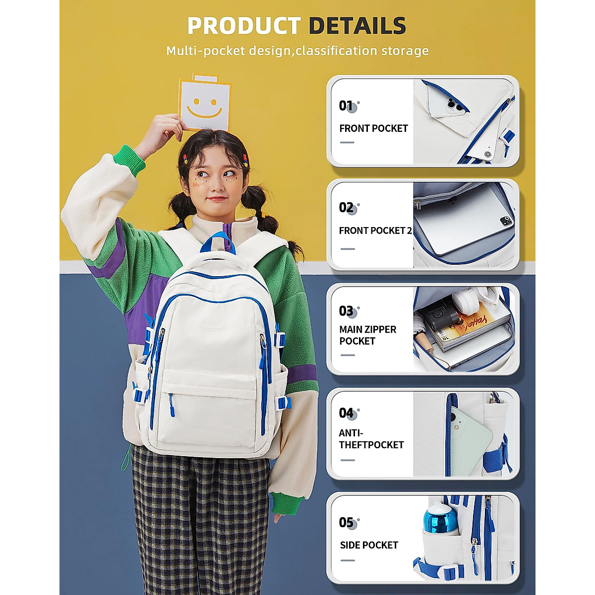 BOXSAM Lightweight Backpack for Women, Large Laptop Travel Backpack Casual Daypack College Bag Rucksack for Men. White