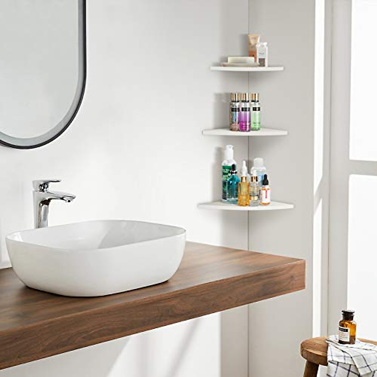 Yosoo Corner Floating Shelf, 3Pcs Floating Corner Shelf Wall-Mounted Storage Rack Bookshelves Home Furniture Office Decor, Wall Shelf Corner Shelves, Saving Space Round Design Bearing Load up 5kg