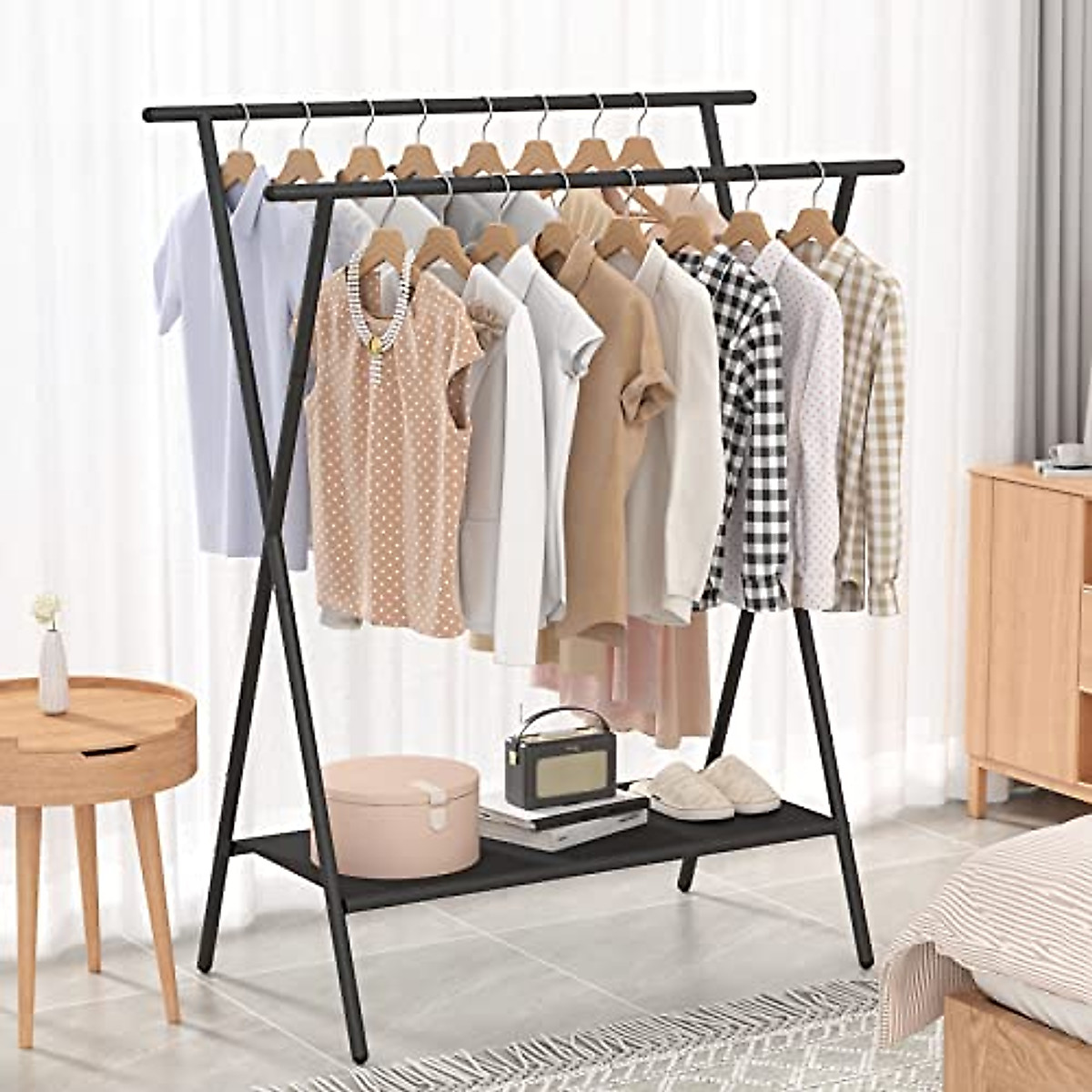 Laiensia Double Rods Clothing Racks for Hanging Clothes,Portable Clothing Hanging Garment Rack with Bottom Oxford Cloth Shelves,Black